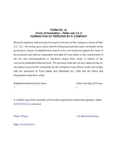 Fssai Nomination Form Ix Pdf