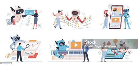 Ai를 사용하는 사람들 인공 지능은 사용자와 상호 작용하고 챗봇과 통신하고 미래형 비서가 도움을 주고 사이보그가 음악을 쓰고