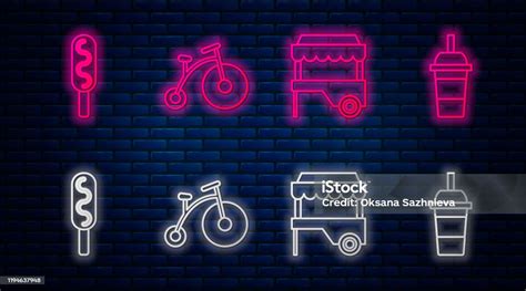 세트 라인 빈티지 자전거 하나의 큰 바퀴와 차양 옥수수 개와 마시는 빨대와 물을 종이 유리와 하나의 작은 패스트 스트리트 푸드 카트 벽돌 벽에 빛나는 네온 아이콘입니다 벡터