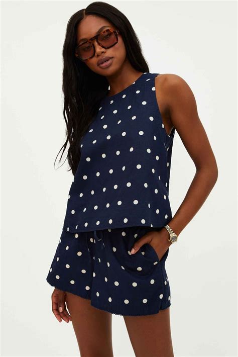 Dollie Sleeveless Top Navy Polka Dot Linen Linen Top Beach Riot