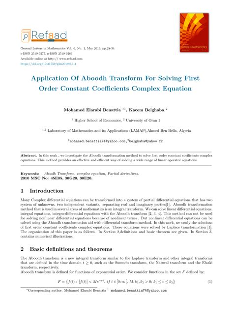 Pdf Application Of Aboodh Transform For Solving First Order Constant Coeﬃcients Complex Equation