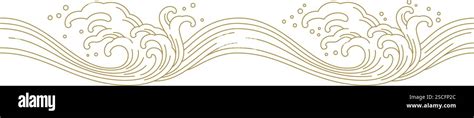 Oriental Ocean Sea Waves Splashing Line Art Seamless Pattern Japanese Wave Decoration Outline