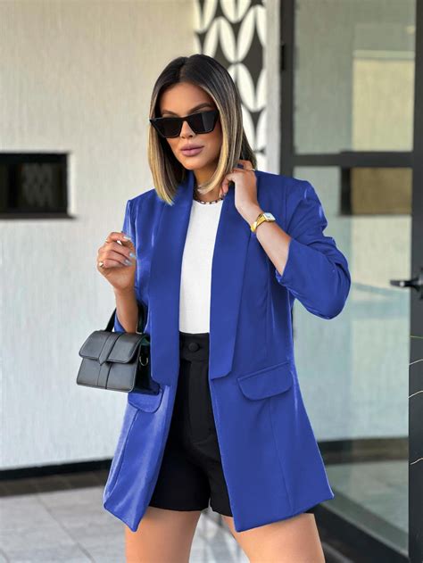 Laryismoda Max Blazer Feminino Gola Reta Tecido Alfaiataria Bolso Fake Com Ombreira Blazer