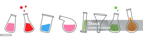 실험실 유리 제품 화학 유리 제품 원추형 플라스크 유리 비커 레토르트 유리 플라스크 눈금 실린더 필터 깔때기 유리 플라스크 개체 그룹에 대한 스톡 벡터 아트 및 기타 이미지