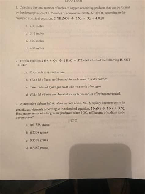 Solved 1 Calculate The Total Number Of Moles Of Oxygen