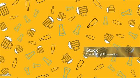 텍스처 완벽 한 패턴의 드문 좋은 맛 있는 상쾌한 알코올 음료의 세트에서 홉 빛과 어두운 맥 아 거품 맥주 안경 병 노란색 배경 벡터 일러스트 0명에 대한 스톡 벡터 아트