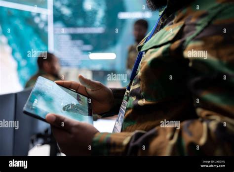 High Tech Military Office With Soldiers Analyzing Real Time Data