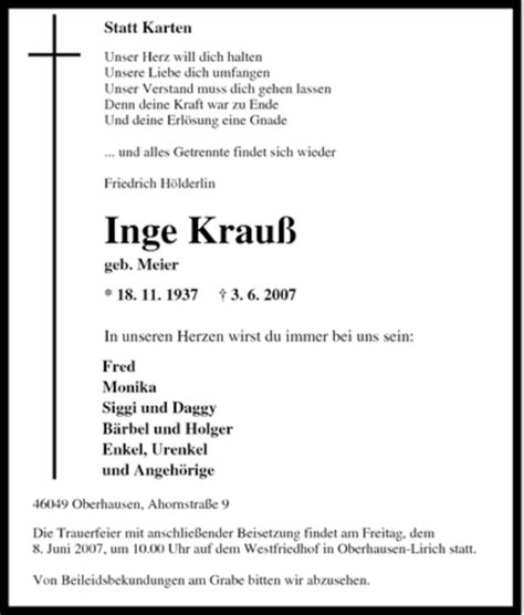 Traueranzeigen Von Inge Krauß Trauer In Nrwde