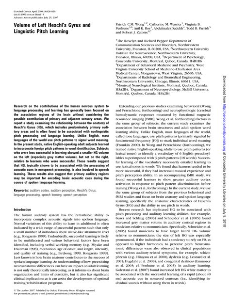 Pdf Volume Of Left Heschls Gyrus And Linguistic Pitch Learning