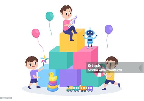 플랫 만화 스타일 일러스트에서 유치원에서 다양한 장난감을 가지고 노는 귀여운 아이들 재미와 게임을위한 플레이 룸의 인테리어 고무 오리에 대한 스톡 벡터 아트 및 기타 이미지