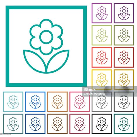 Single Flower Outline Flat Color Icons With Quadrant Frames Stock Illustration Download Image