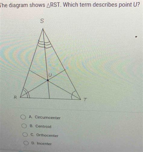 Solved The Diagram Shows Rst Which Term Describes Point U A Circumcenter B Centroid C Orth