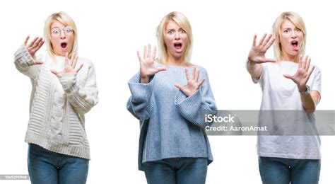 이상 겨울 스웨터를 입고 아름 다운 금발의 여 자가의 콜라주 배경 두려워 하 고 충격에 외치고 손으로 공포 식 정지 동작으로 겁에 질 려 고립 공황 개념입니다 개념에 대한