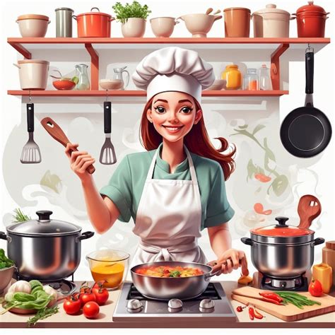 A Woman In A Kitchen With A Cookbook On The Shelf Premium Ai