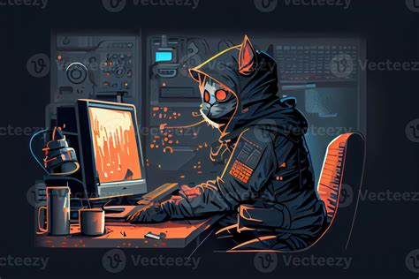Hacker Cat Working Job Profession Illustration Ai Generated 22579613