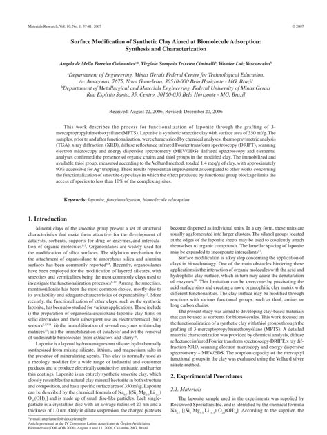 Pdf Surface Modification Of Synthetic Clay Aimed At Biomolecule Adsorption Synthesis And