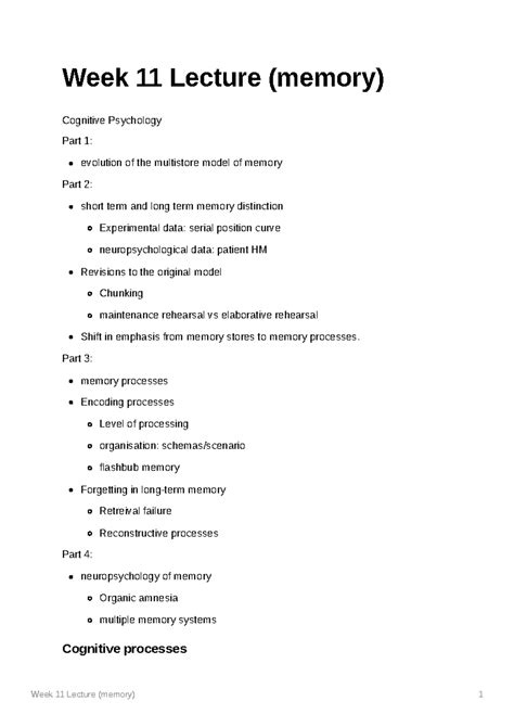 Week 11 Lecture Memory Week 11 Lecture Memory Cognitive Psychology Part 1 Evolution Of