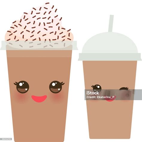 초콜릿 커피 테이크아웃 음료수 투명 플라스틱 컵 밀 짚과 채찍 크림 귀여운 눈과 미소 격리 흰색 바탕에 귀여운 얼굴입니다 벡터