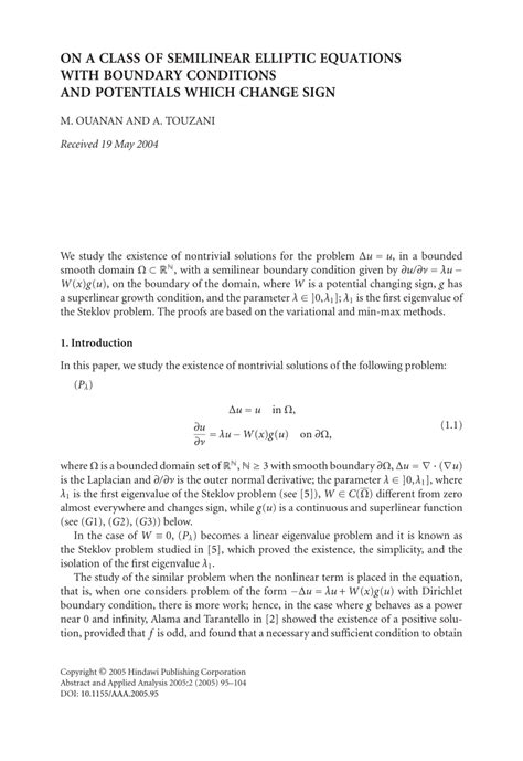 Pdf On A Class Of Semilinear Elliptic Equations With Boundary Conditions And Potentials Which