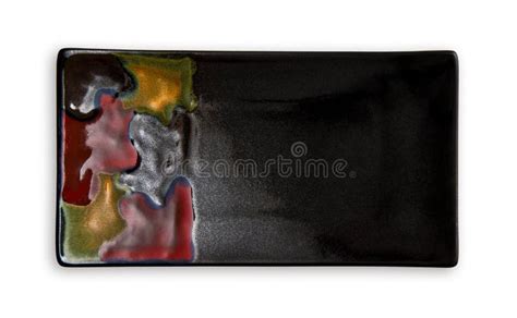 Empty Rectangular Plate Black Ceramics Plate With Colorful Pattern View From Above Isolated On