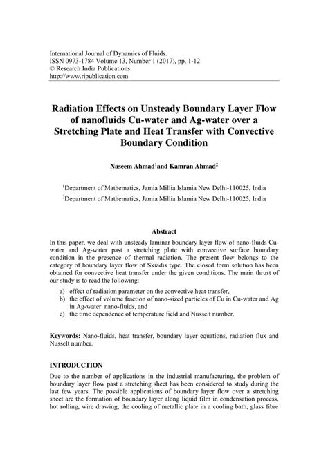Pdf Radiation Effects On Unsteady Boundary Layer Flow Of Nanofluids Cu Water And Ag Water Over