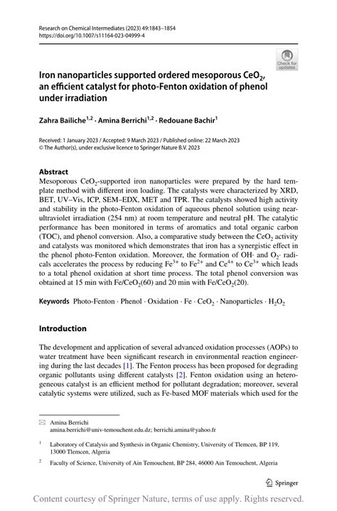 Iron Nanoparticles Supported Ordered Mesoporous Ceo2 An Efficient