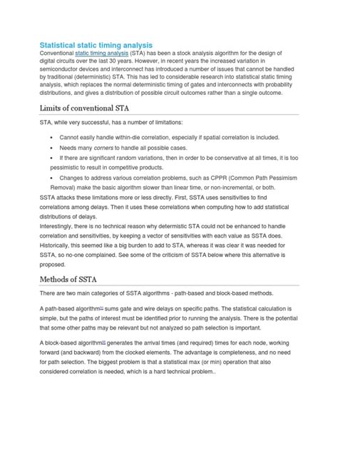 Statistical Static Timing Analysis Limits Of Conventional Sta Pdf Applied Mathematics