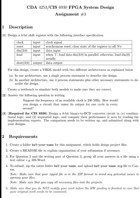 Solved Cda 4253cis 6930 Fpga System Design Assignment 3 Description