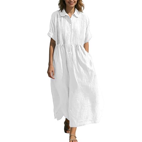 Arlun Womens Summer Linen Maxi Dress Solid Color Short Sleeve Button