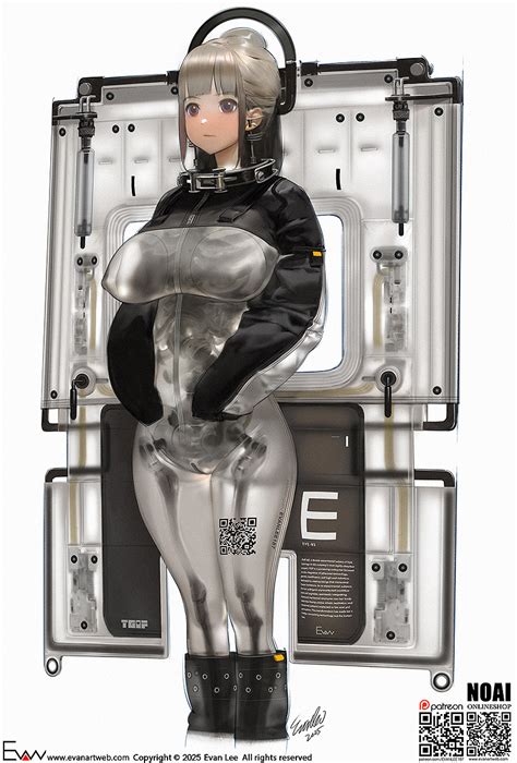 Evan Lee Original Highres 1girl Blue Eyes Blunt Bangs Bodysuit Boots Breasts Brown Hair