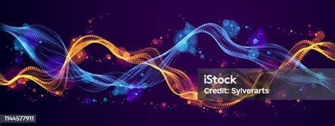 흐르는 에너지 입자 어둠을 통해 혼합 점의 상호 파도 곡선 된 점선 된 3d 더블 라인 벡터 일러스트 레이 션입니다 빛나는