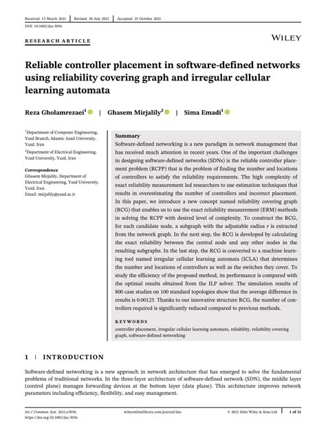 Pdf Reliable Controller Placement In Software‐defined Networks Using