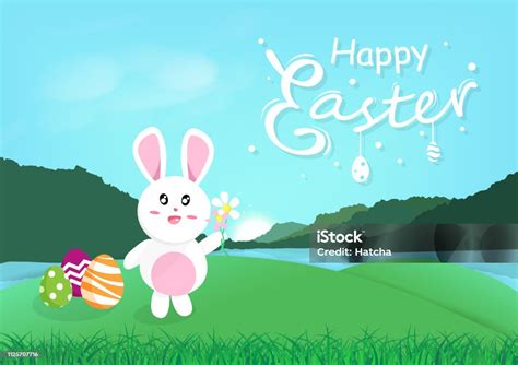행복 한 부활절 달걀 봄 시즌 서 예 재미 있는 만화 판타지 자연 풍경 초대 포스터 인사말 카드 추상 배경 벡터 일러스트 레이 션과 귀여운 토끼 계절에 대한 스톡 벡터 아트