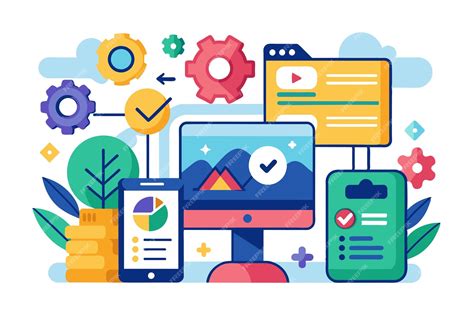 A Vibrant Workspace With A Monitor Mobile Device Gears And Charts Reflecting Digital