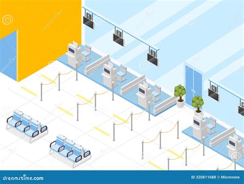 Isometric Airport Check In Zone Interior Counters And Baggage Claim