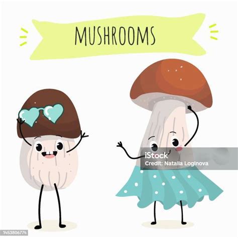 버섯 캐릭터가 있는 그림 재미 있고 건강한 음식 비타민 귀여운 얼굴을 가진 음식 재료 채식주의 벡터 만화 산화 방지 숲 가을 수확 Boletus에 대한 스톡 벡터 아트 및