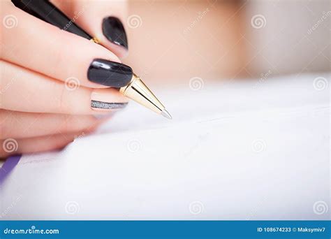 Close Up Girl Hand Putting Signature On Document She Situating Stock Image Image Of Signing