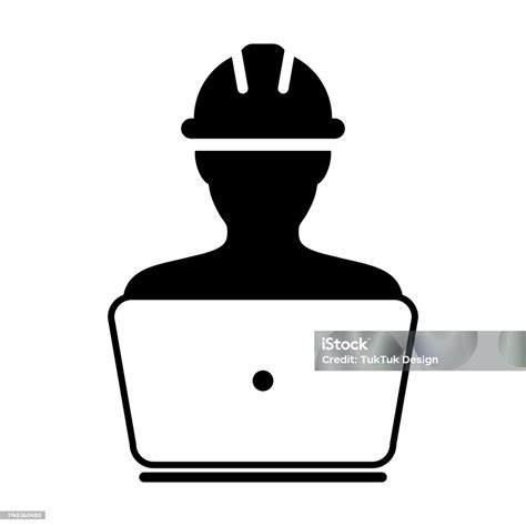 그림 문자 그림에 노트북 및 Hardhat 헬멧 감독자 아이콘 벡터 남성 건설 노동자 사람 프로필 아바타 건설업자에 대한 스톡