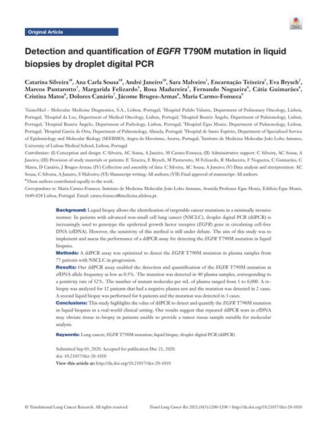 Pdf Detection And Quantification Of Egfr T790m Mutation In Liquid Biopsies By Droplet Digital Pcr