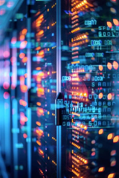 Vibrant Server Rack With Digital Overlay Representing Data Flow And Processing In Technology