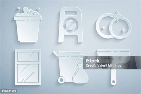 쓰레기통과 쓰레기 봉투 설거지 창문 청소 서비스 고무 클리너 젖은 바닥 청소 진행 및 비눗물 아이콘이 있는 양동이를 설정합니다 벡터 3차원 형태에 대한 스톡 벡터 아트 및
