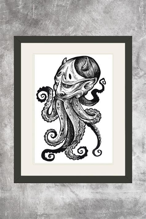 Yokai Octopus Ink Sketch Art Print Japanese Ink Illustration Octopus