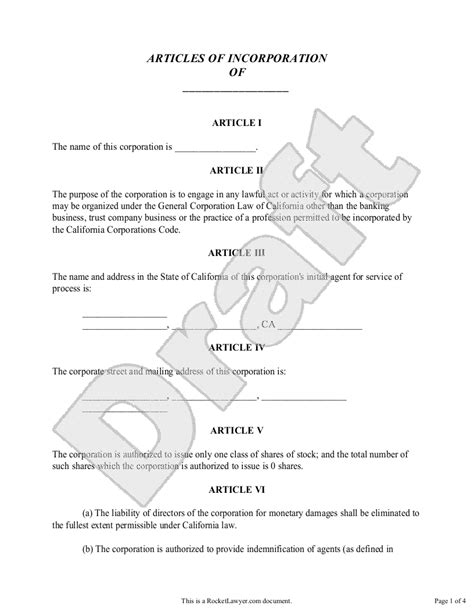 Articles Of Incorporation Template