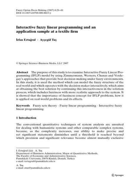 Interactive Fuzzy Linear Programming And An Application Sample At A Textile Firm Pdf Fuzzy