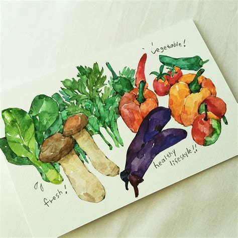 Vegetable Fresh 야채 야채그리기 수채화야채 채소 피망 버섯가지 청경채 고추 파프리카 Art