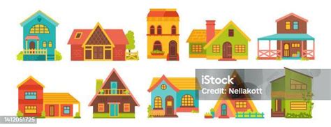House Front Flat Cartoon Set Various Facade Village Urban Small Tiny