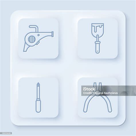 세트 라인 잎 정원 송풍기 퍼티 나이프 드라이버 및 펜치 도구 흰색 정사각형 버튼 벡터 갈고리 발톱에 대한 스톡 벡터 아트 및 기타 이미지 Istock