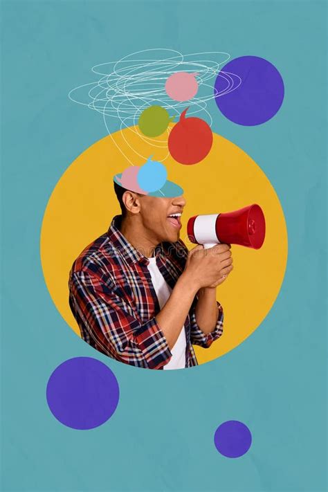 Vertical Photo Collage Of Happy American Man Hold Megaphone Bubble Half Face Communication Speak