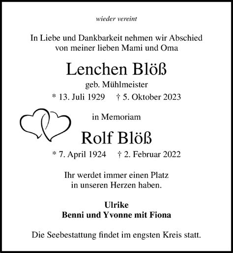 Traueranzeigen Von Lenchen Blöß Trauer Anzeigen De