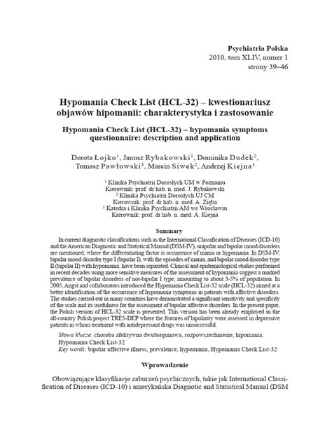 Dudek Siwek Et Al Hypomania Check List Hcl 32 Kwestionariusz Objawow